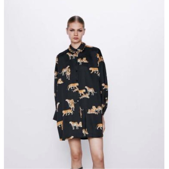 Zara | Dresses | Zara Black Shirt Dress Blouse Tiger Leopard Animal ...